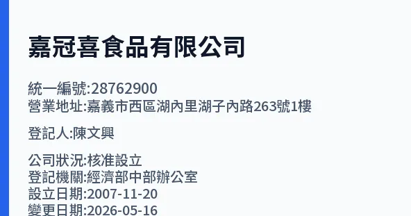 嘉冠喜食品有限公司的照片-統編 28762900(嘉義市) 公司登記資料與營業項目詳細圖表