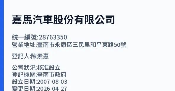 嘉馬汽車股份有限公司的照片-統編 28763350(臺南市) 公司登記資料與營業項目詳細圖表