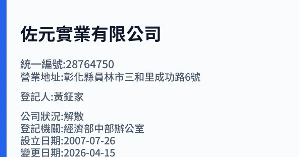 佐元實業有限公司的照片-統編 28764750(彰化縣) 公司登記資料與營業項目詳細圖表