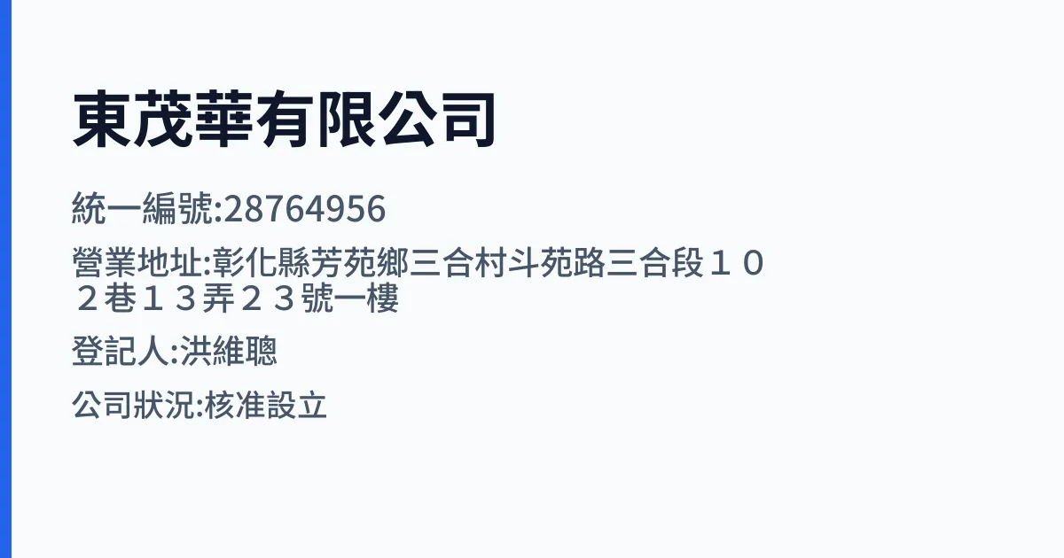 東茂華有限公司 - 統編 28764956(彰化縣) 公司登記資料與營業項目詳細圖表