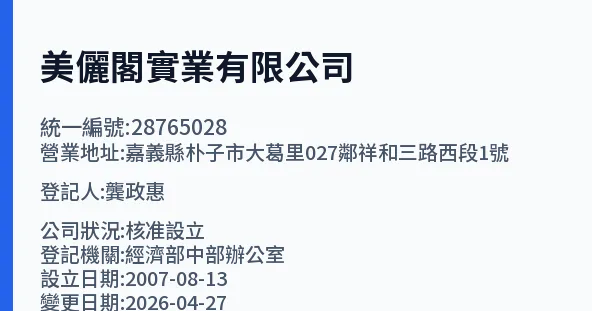 美儷閣實業有限公司的照片-統編 28765028(嘉義縣) 公司登記資料與營業項目詳細圖表