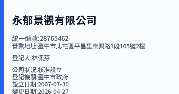 永郁景觀有限公司的照片-統編 28765462(臺中市) 公司登記資料與營業項目詳細圖表