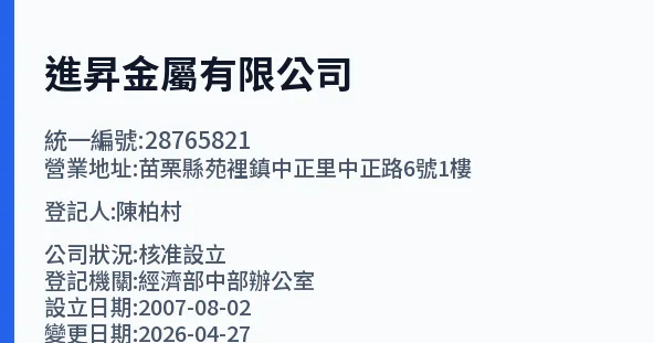 進昇金屬有限公司的照片-統編 28765821(苗栗縣) 公司登記資料與營業項目詳細圖表