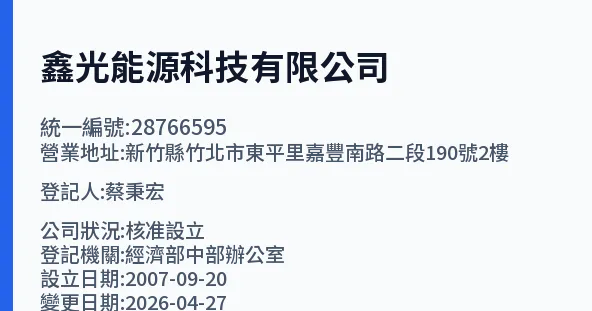 鑫光能源科技有限公司的照片-統編 28766595(新竹縣) 公司登記資料與營業項目詳細圖表
