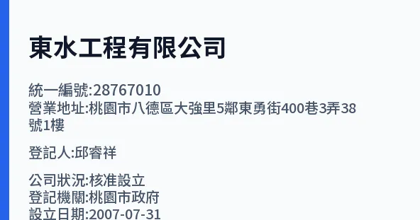 東水工程有限公司的照片-統編 28767010(桃園市) 公司登記資料與營業項目詳細圖表