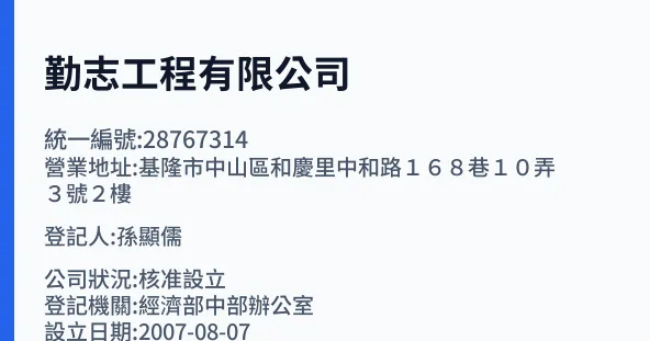 勤志工程有限公司的照片-統編 28767314(基隆市) 公司登記資料與營業項目詳細圖表