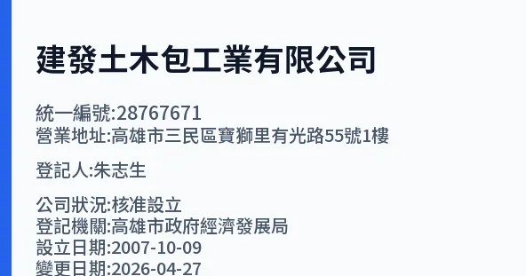 建發土木包工業有限公司的照片-統編 28767671(高雄市) 公司登記資料與營業項目詳細圖表