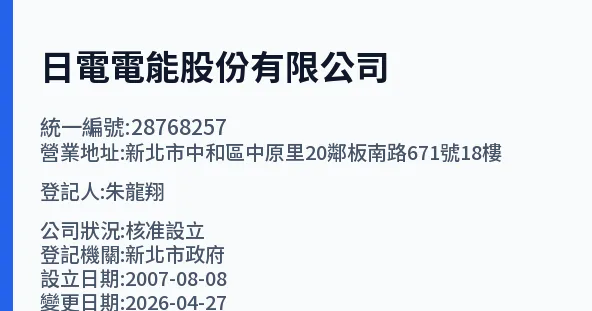 日電電能股份有限公司的照片-統編 28768257(新北市) 公司登記資料與營業項目詳細圖表