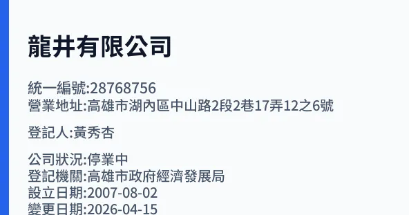 龍井有限公司的照片-統編 28768756(高雄市) 公司登記資料與營業項目詳細圖表