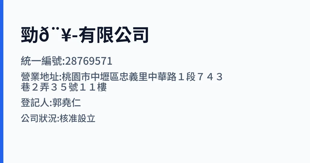 勁𨥭有限公司 - 統編 28769571(桃園市) 公司登記資料與營業項目詳細圖表