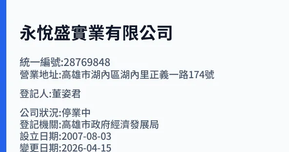 永悅盛實業有限公司的照片-統編 28769848(高雄市) 公司登記資料與營業項目詳細圖表