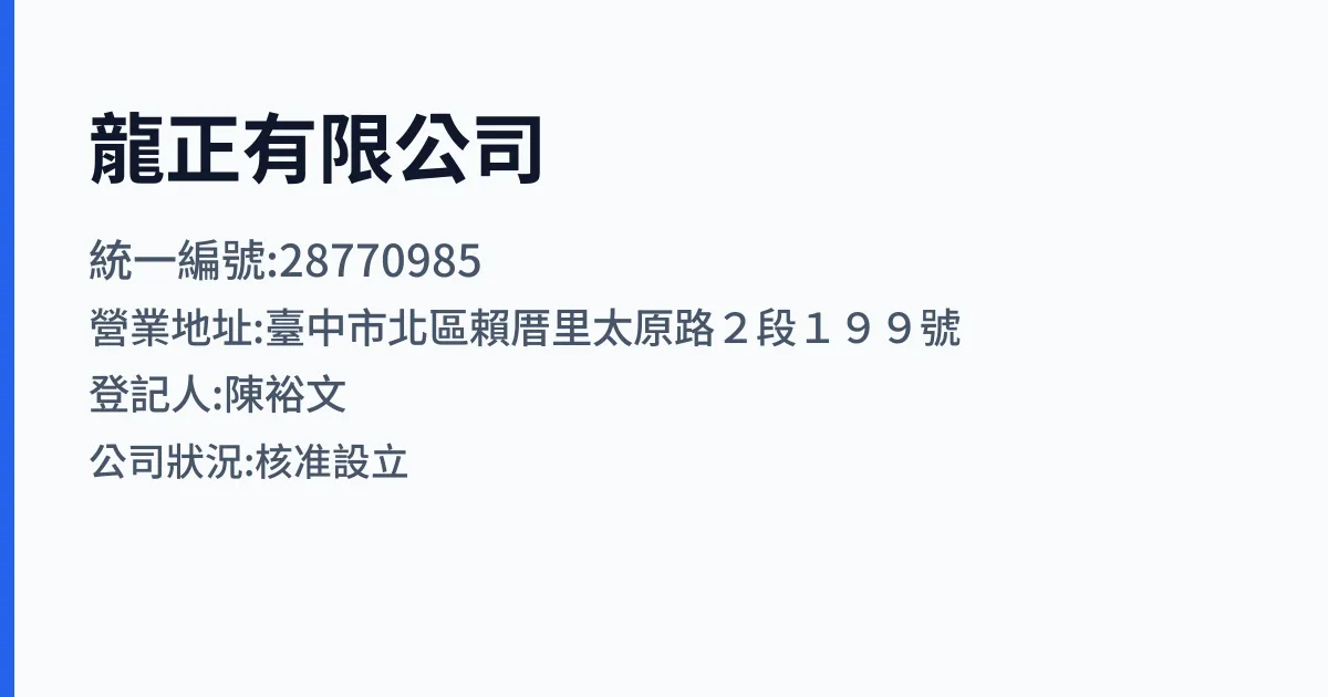龍正有限公司 - 統編 28770985(臺中市) 公司登記資料與營業項目詳細圖表