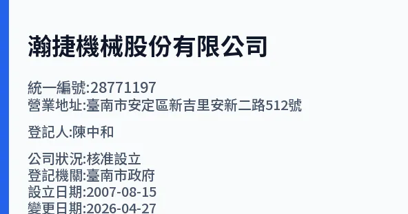 瀚捷機械股份有限公司的照片-統編 28771197(臺南市) 公司登記資料與營業項目詳細圖表