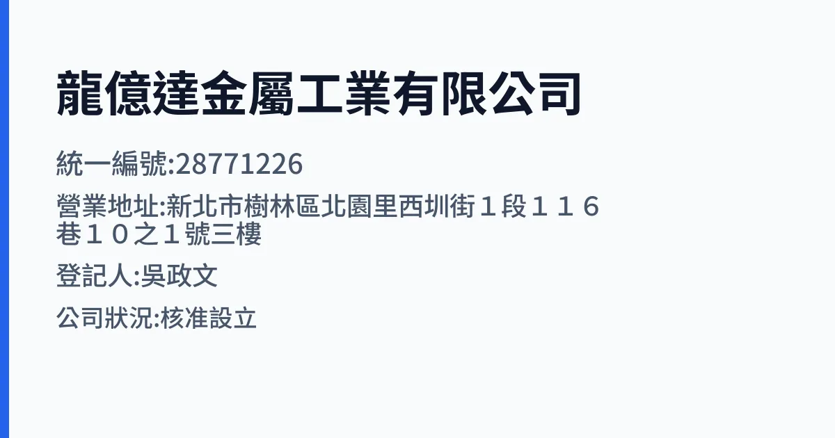 龍億達金屬工業有限公司 - 統編 28771226(新北市) 公司登記資料與營業項目詳細圖表