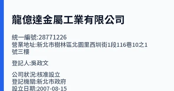 龍億達金屬工業有限公司的照片-統編 28771226(新北市) 公司登記資料與營業項目詳細圖表