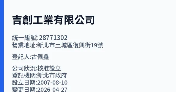 吉創工業有限公司的照片-統編 28771302(新北市) 公司登記資料與營業項目詳細圖表