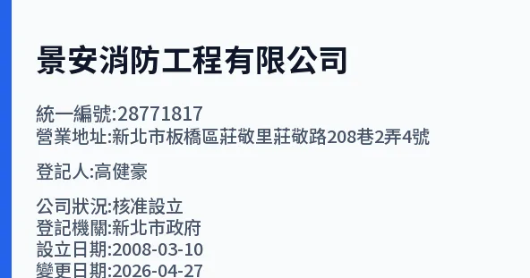 景安消防工程有限公司的照片-統編 28771817(新北市) 公司登記資料與營業項目詳細圖表
