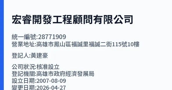宏睿開發工程顧問有限公司的照片-統編 28771909(高雄市) 公司登記資料與營業項目詳細圖表