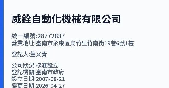 威銓自動化機械有限公司的照片-統編 28772837(臺南市) 公司登記資料與營業項目詳細圖表