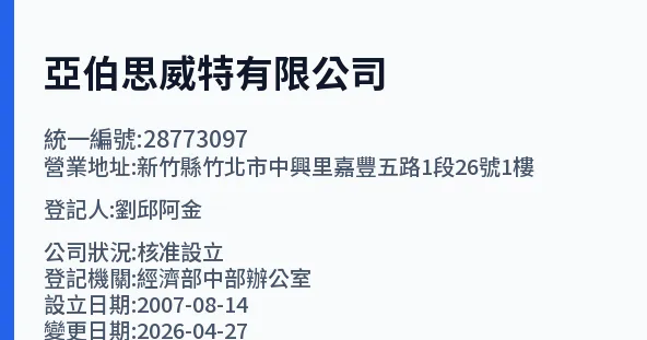 亞伯思威特有限公司的照片-統編 28773097(新竹縣) 公司登記資料與營業項目詳細圖表