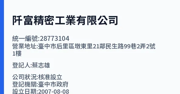 阡富精密工業有限公司的照片-統編 28773104(臺中市) 公司登記資料與營業項目詳細圖表