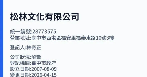 松林文化有限公司的照片-統編 28773575(臺中市) 公司登記資料與營業項目詳細圖表
