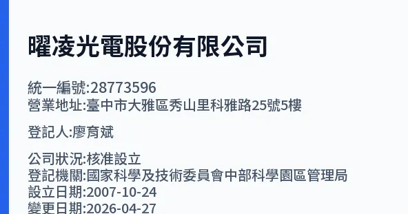 曜凌光電股份有限公司的照片-統編 28773596(臺中市) 公司登記資料與營業項目詳細圖表