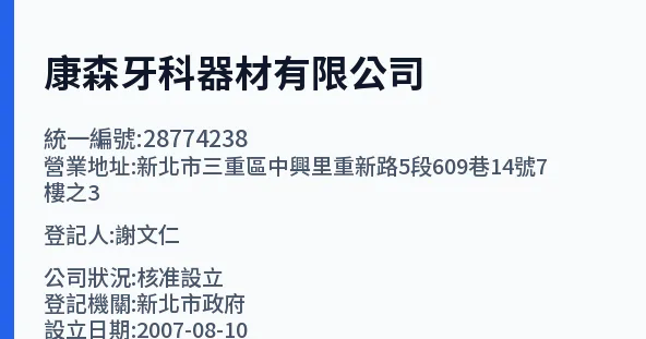 康森牙科器材有限公司的照片-統編 28774238(新北市) 公司登記資料與營業項目詳細圖表