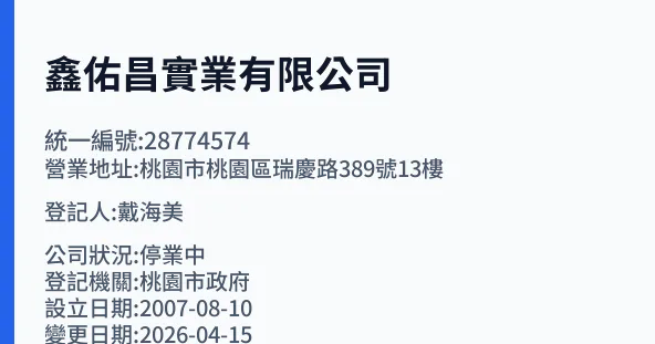 鑫佑昌實業有限公司的照片-統編 28774574(桃園市) 公司登記資料與營業項目詳細圖表