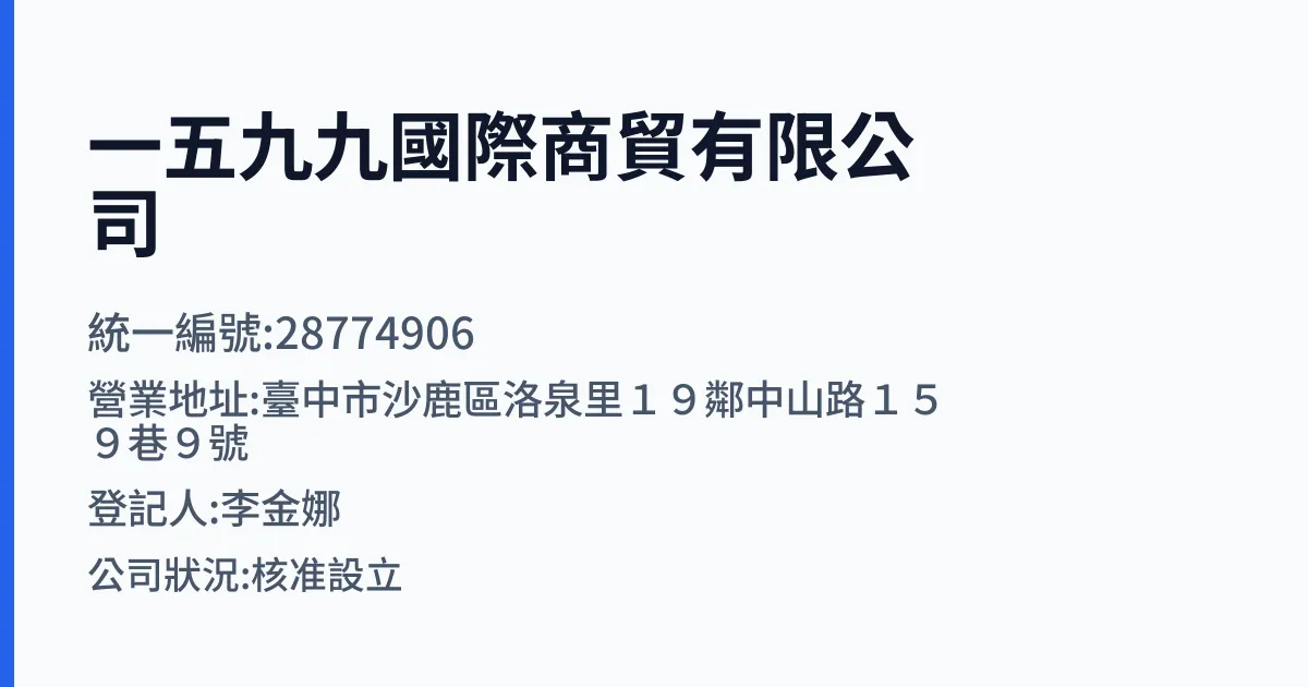 一五九九國際商貿有限公司 - 統編 28774906(臺中市) 公司登記資料與營業項目詳細圖表