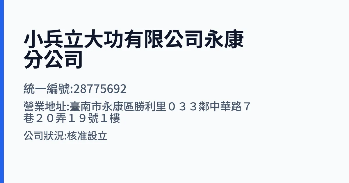小兵立大功有限公司永康分公司 - 統編 28775692(臺南市) 公司登記資料與營業項目詳細圖表