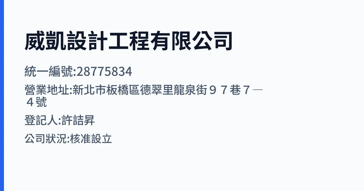 威凱設計工程有限公司 - 統編 28775834(新北市) 公司登記資料與營業項目詳細圖表