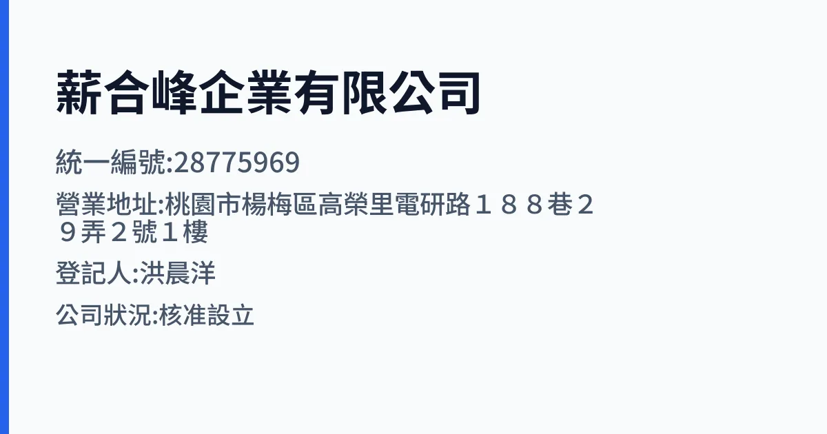 薪合峰企業有限公司 - 統編 28775969(桃園市) 公司登記資料與營業項目詳細圖表