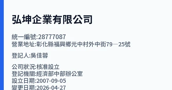 弘坤企業有限公司的照片-統編 28777087(彰化縣) 公司登記資料與營業項目詳細圖表