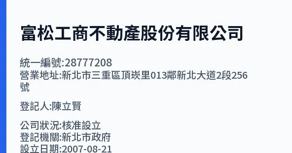 富松工商不動產股份有限公司的照片-統編 28777208(新北市) 公司登記資料與營業項目詳細圖表