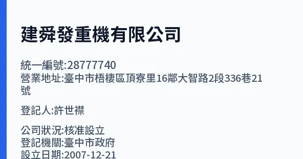 建舜發重機有限公司的照片-統編 28777740(臺中市) 公司登記資料與營業項目詳細圖表