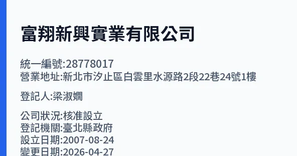 富翔新興實業有限公司的照片-統編 28778017(新北市) 公司登記資料與營業項目詳細圖表