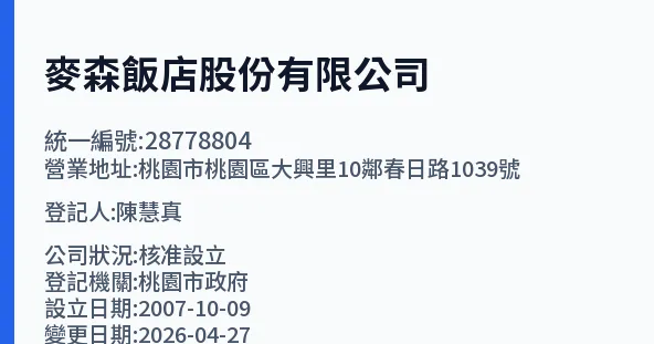 麥森飯店股份有限公司的照片-統編 28778804(桃園市) 公司登記資料與營業項目詳細圖表