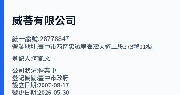 威菩有限公司的照片-統編 28778847(臺中市) 公司登記資料與營業項目詳細圖表