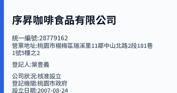 序昇咖啡食品有限公司的照片-統編 28779162(桃園市) 公司登記資料與營業項目詳細圖表