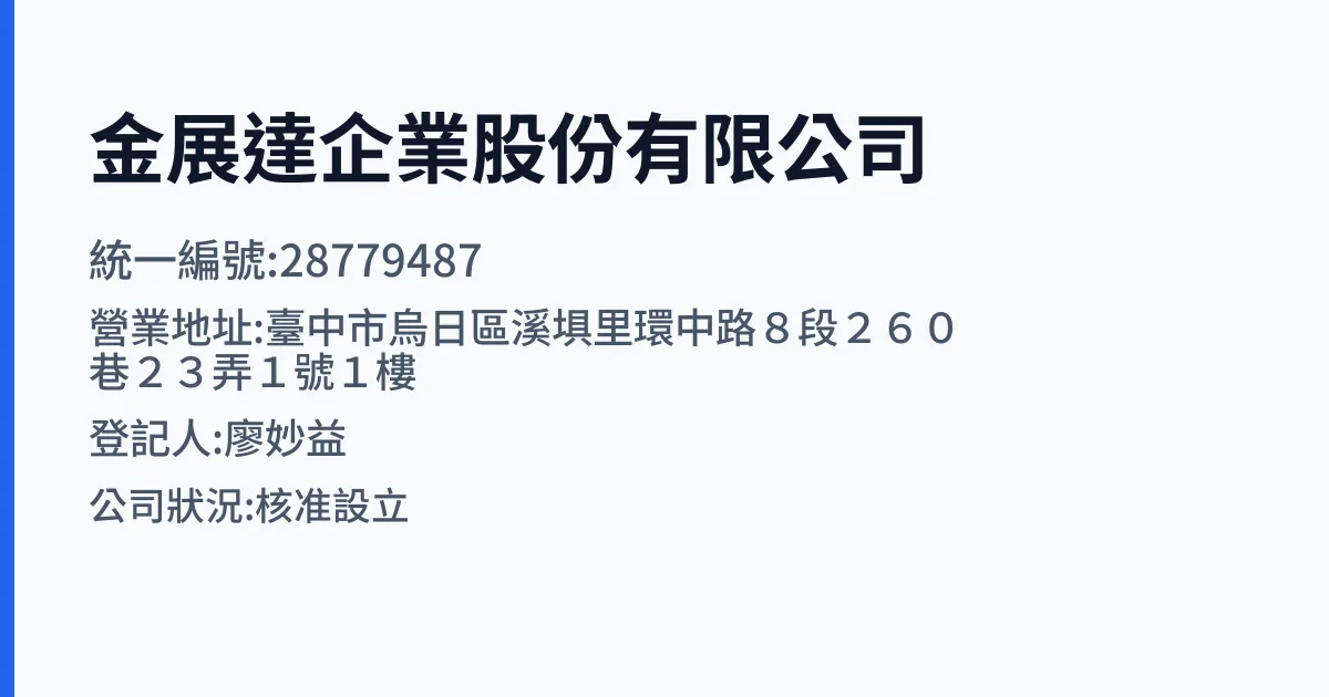 金展達企業股份有限公司 - 統編 28779487(臺中市) 公司登記資料與營業項目詳細圖表