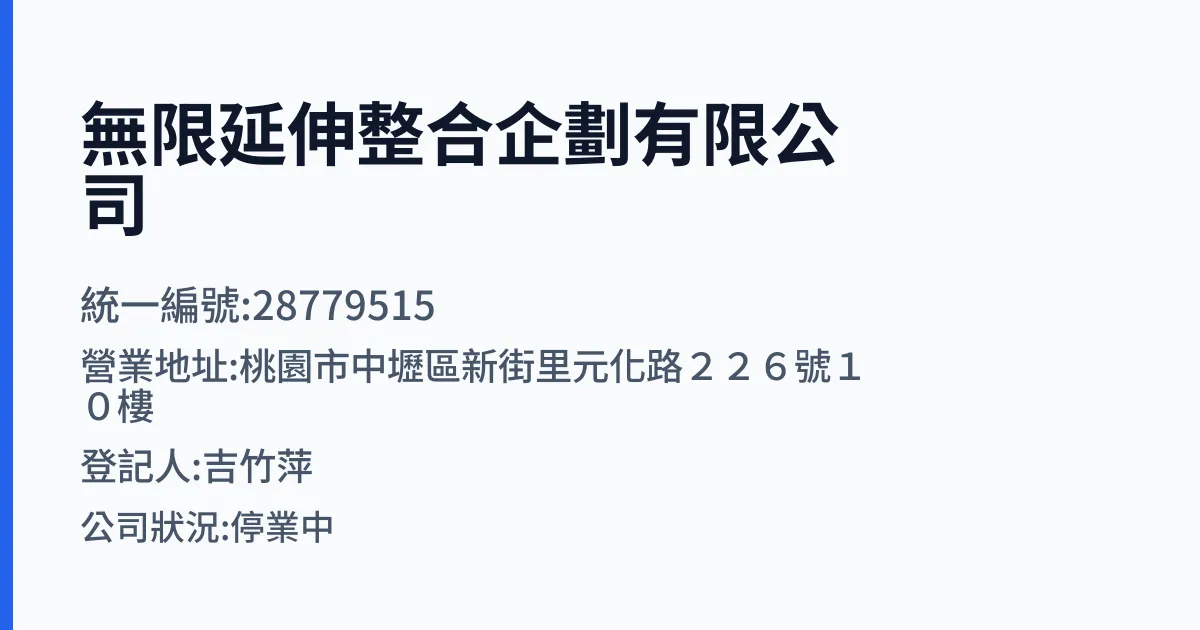 無限延伸整合企劃有限公司 - 統編 28779515(桃園市) 公司登記資料與營業項目詳細圖表