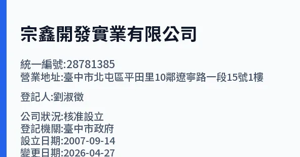 宗鑫開發實業有限公司的照片-統編 28781385(臺中市) 公司登記資料與營業項目詳細圖表