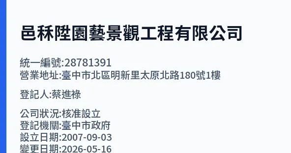 邑秝陞園藝景觀工程有限公司的照片-統編 28781391(臺中市) 公司登記資料與營業項目詳細圖表