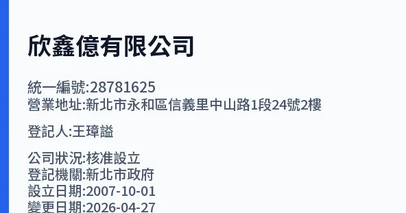 欣鑫億有限公司的照片-統編 28781625(新北市) 公司登記資料與營業項目詳細圖表