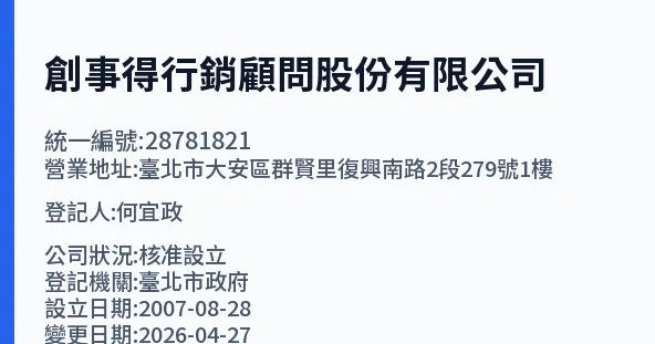 創事得行銷顧問股份有限公司的照片-統編 28781821(臺北市) 公司登記資料與營業項目詳細圖表