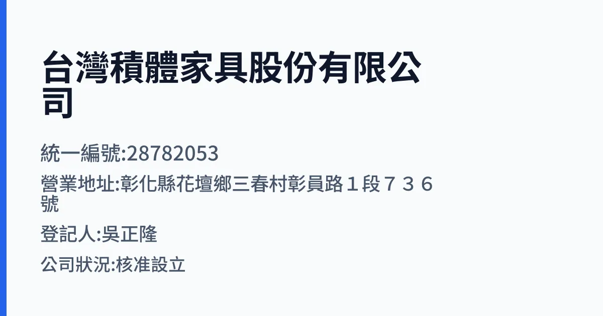 台灣積體家具股份有限公司 - 統編 28782053(彰化縣) 公司登記資料與營業項目詳細圖表
