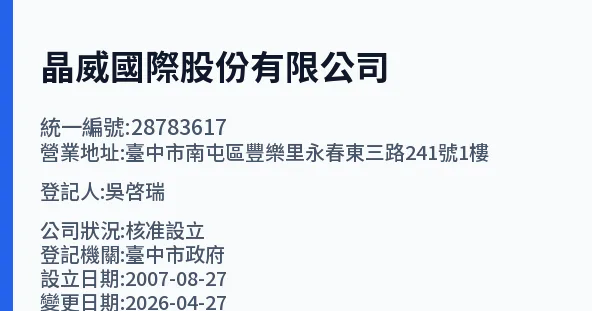 晶威國際股份有限公司的照片-統編 28783617(臺中市) 公司登記資料與營業項目詳細圖表