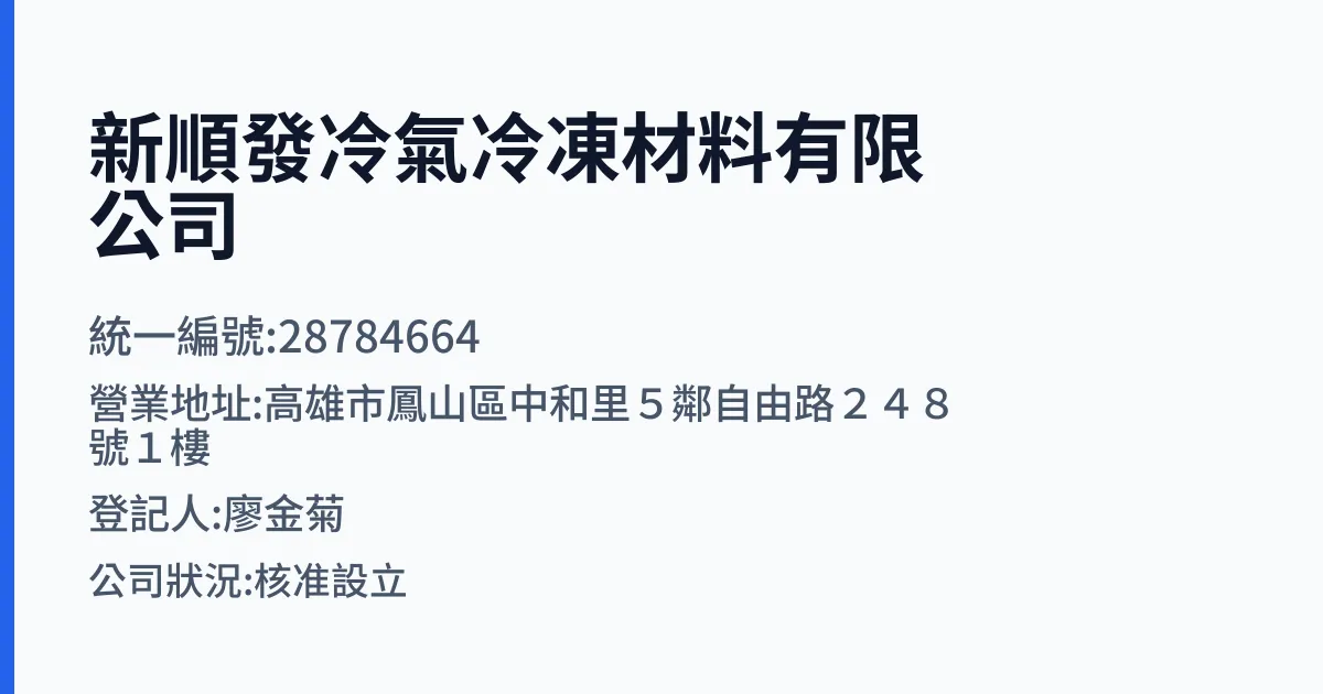 新順發冷氣冷凍材料有限公司 - 統編 28784664(高雄市) 公司登記資料與營業項目詳細圖表