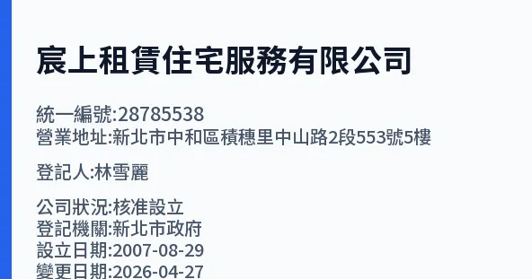 宸上租賃住宅服務有限公司的照片-統編 28785538(新北市) 公司登記資料與營業項目詳細圖表
